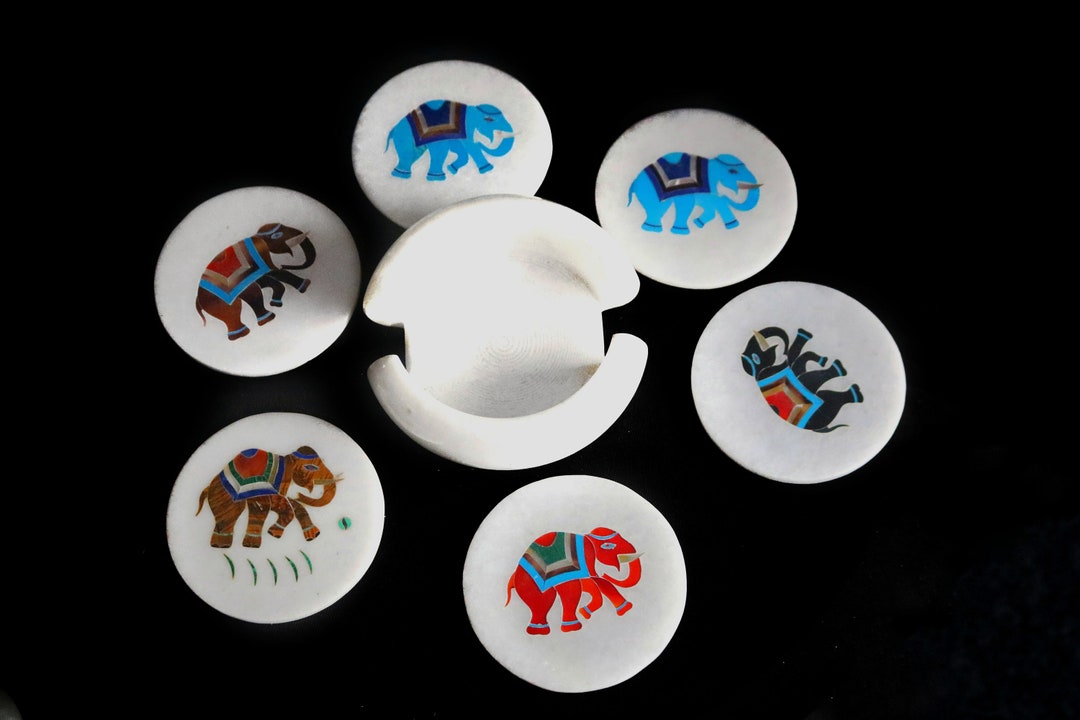 Elephant Design Coasters Set, White Marble Coasters Set With Elephants ...