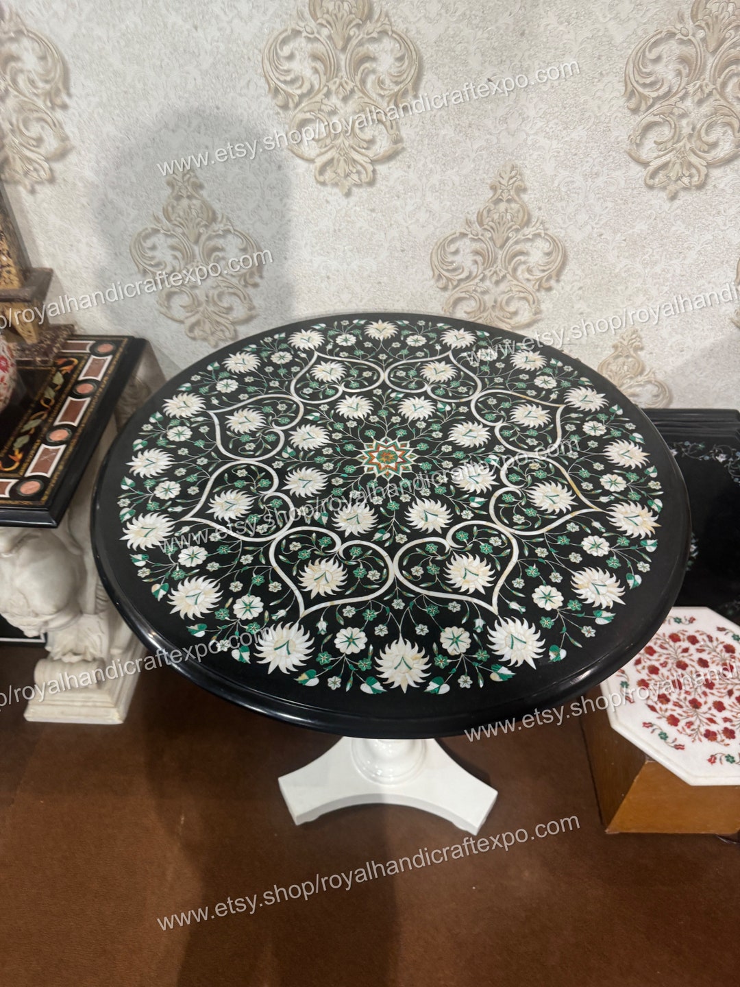 Black Marble Inlay Coffee Table, Handmade Semi Precious Stone Pietra ...