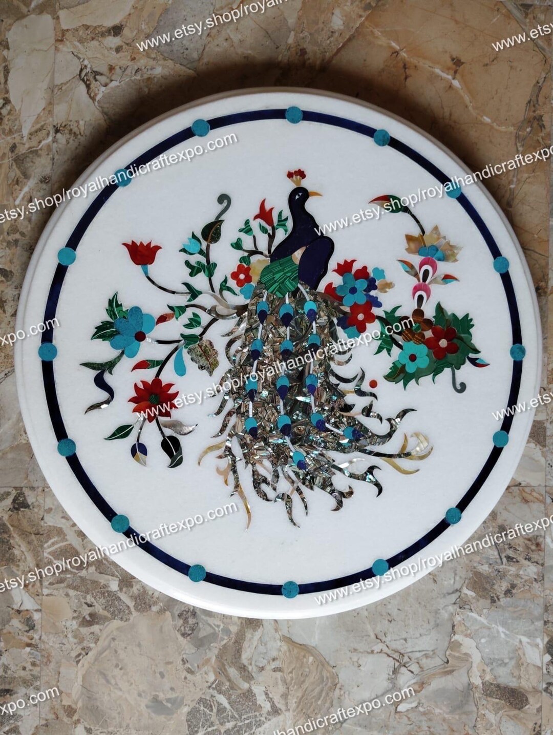 White Marble Peacock Inlay Coffee Tabletop Nature Pattern Inlay Work ...