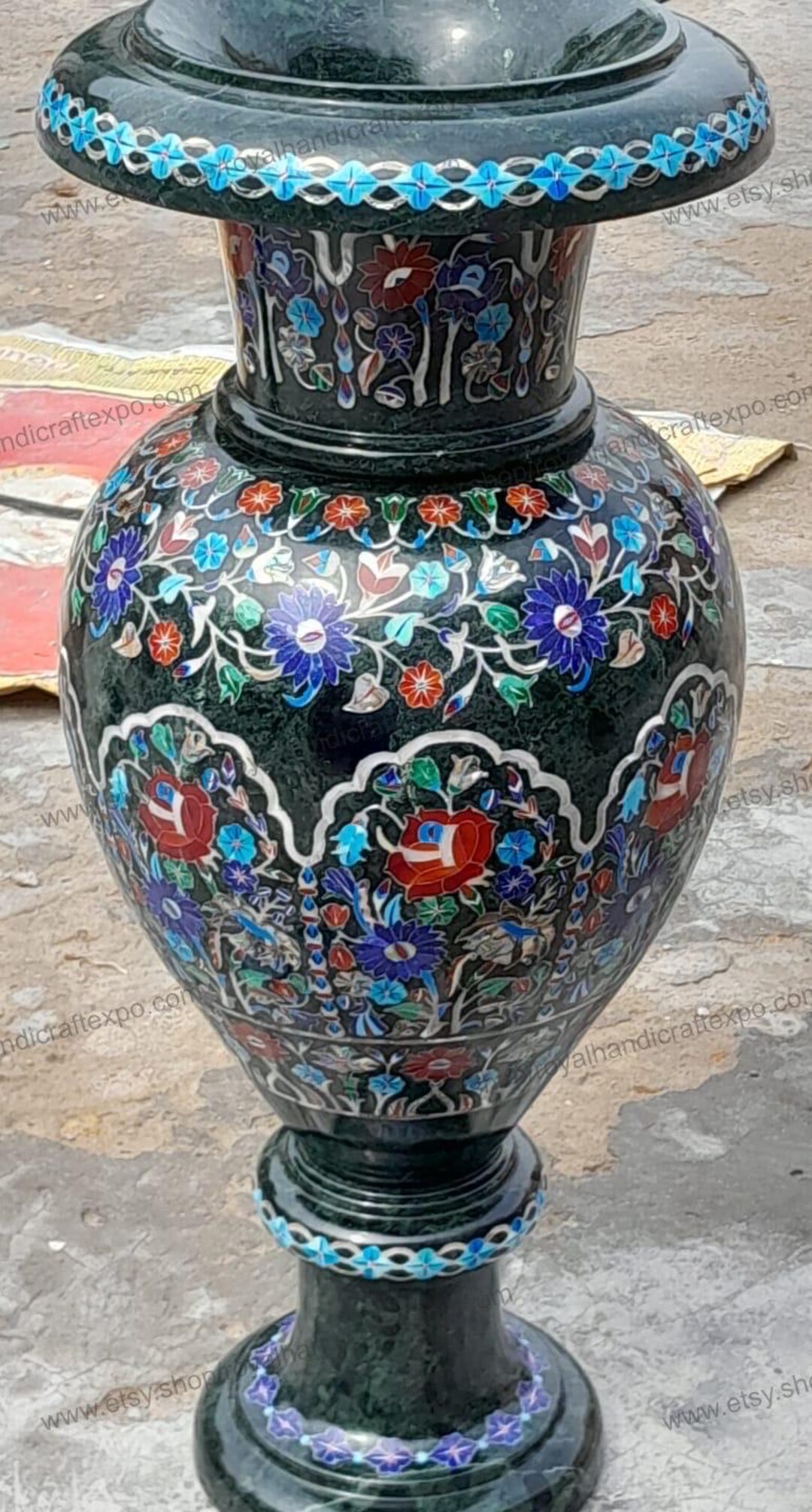 Green Marble Flower Pot With Royal Look Semi Precious Stone Inlay Work ...