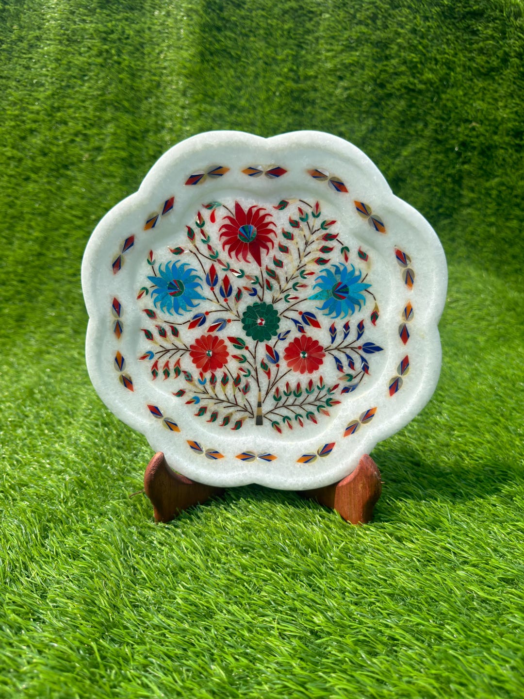 10" Marble Inlay Serving Plate Beautiful Marble Plate, Handmade Desing ...