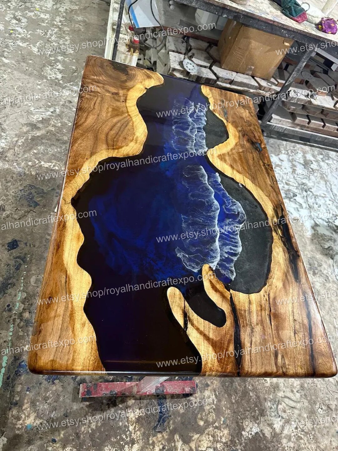 Custom Epoxy Resin River Ocean Wave Resin Coffee Table Wood Plank ...