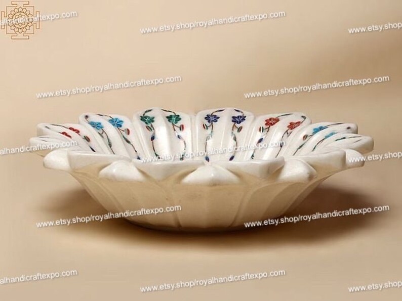 12" White Marble Urli With Flower Design Inlay Work - Etsy