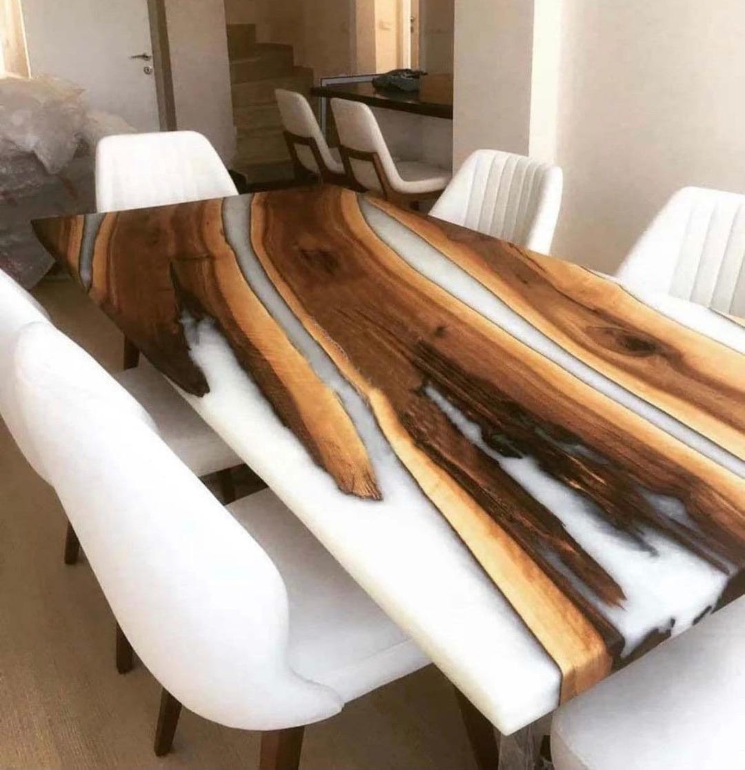 White Epoxy Table, Dining, Sofa, Side Center Table Top Live Edge Walnut ...