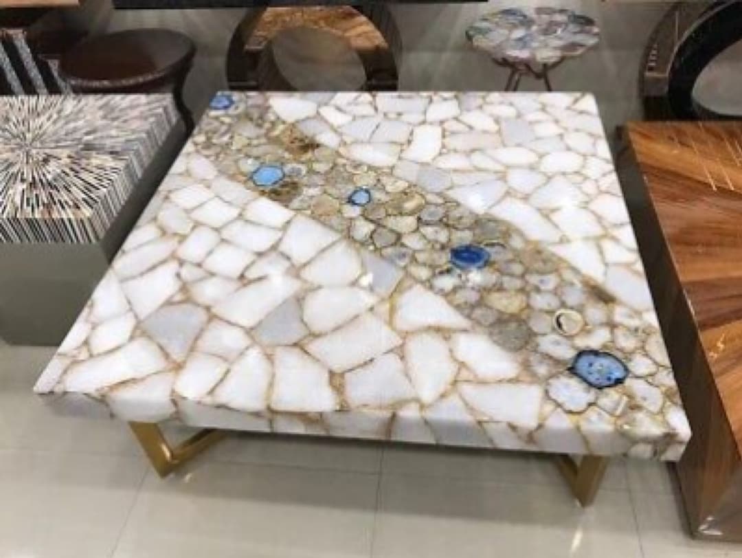 Mix Agate Dining Table, Center Table, Agate Sofa Table, White and Blue Agate Coffee Table, Agate ...