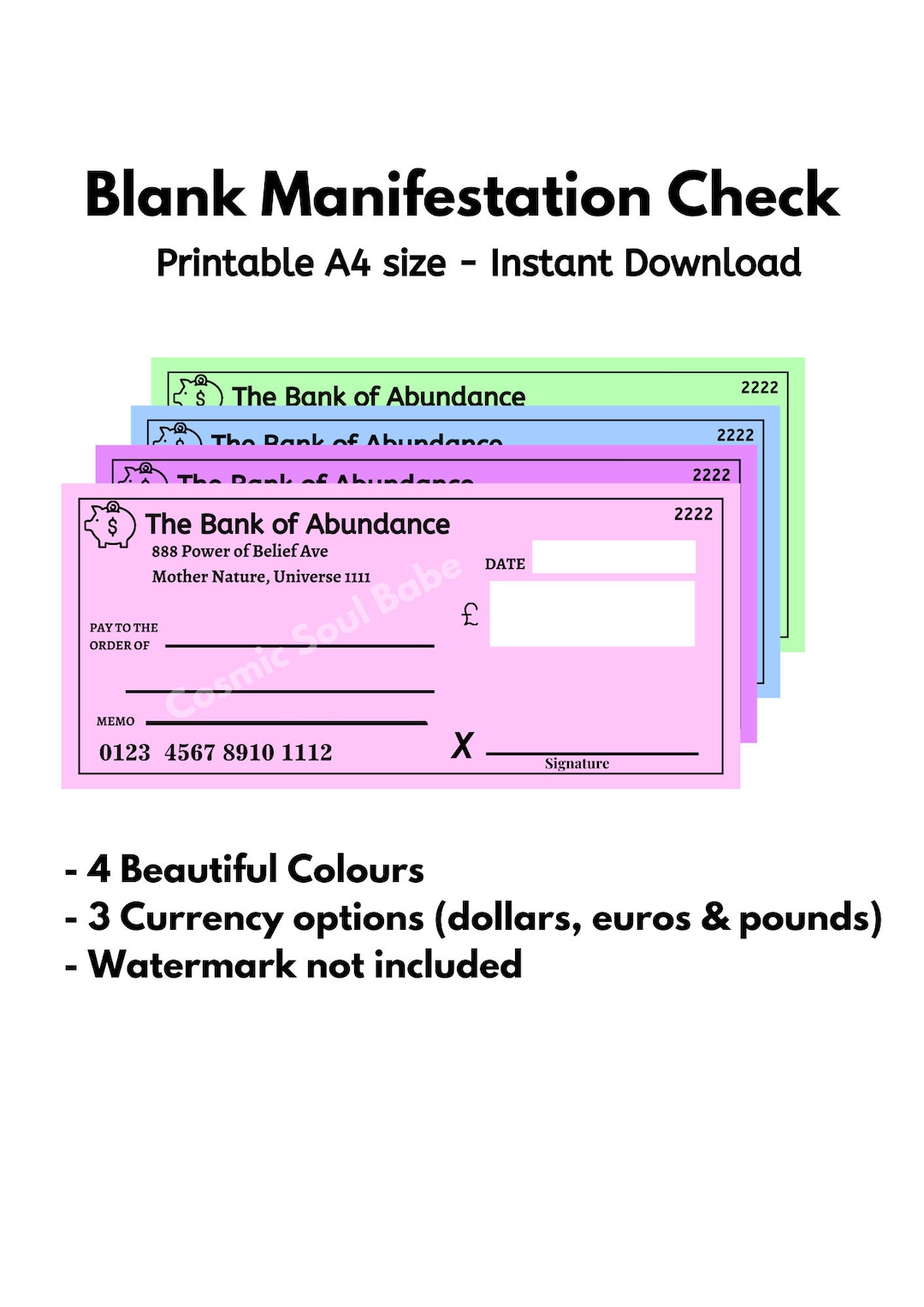 Manifestation Check - Abundance Printable Cheque - Law of Attraction ...