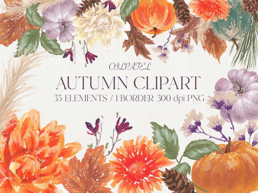 Fall Clipart Set, Pumpkin Thanksgiving Floral, Oil Pastel (PNG) - Etsy