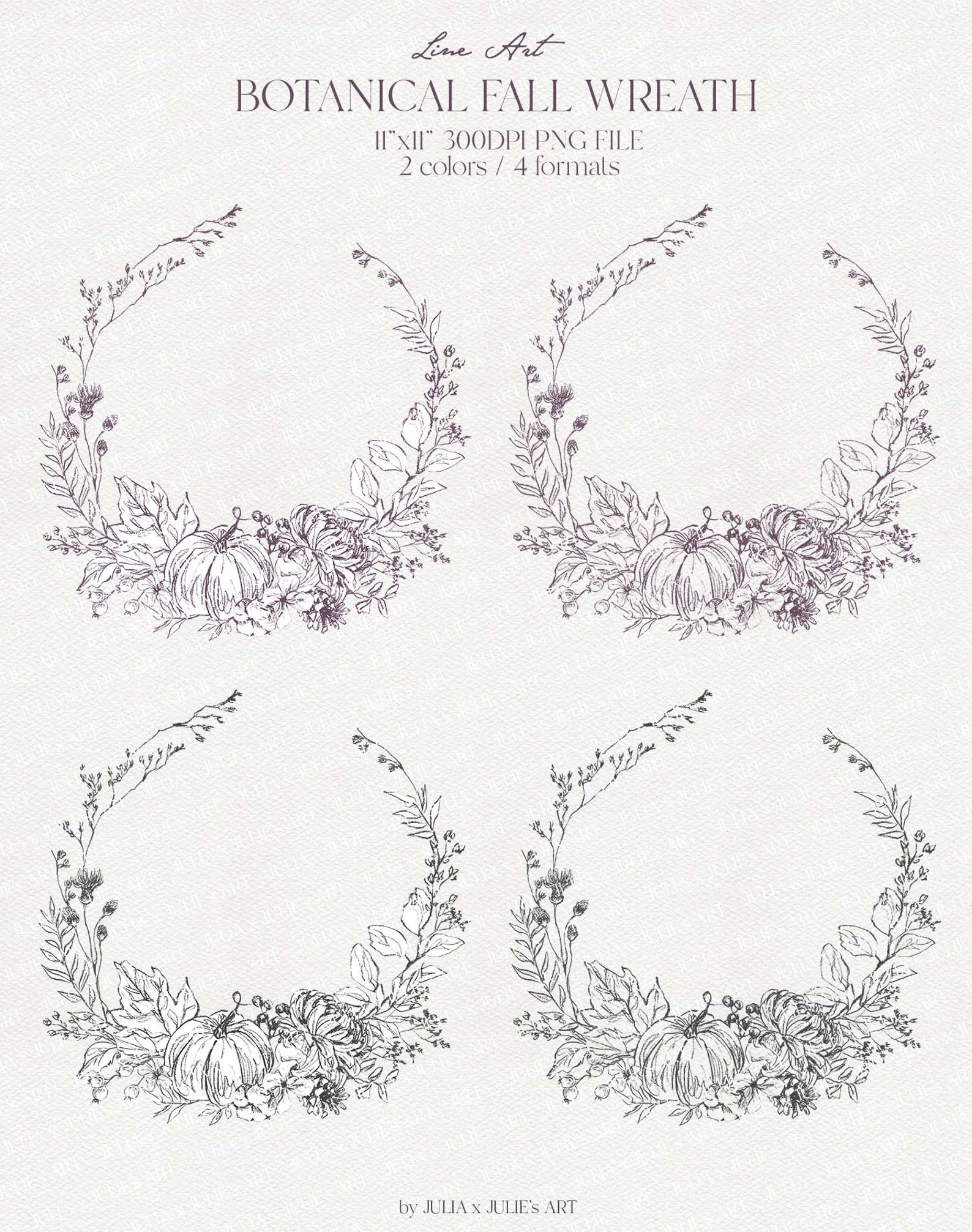 Fall Flowers Pumpkin Wreath Clipart, Fall Wedding Decor, Line Drawing ...