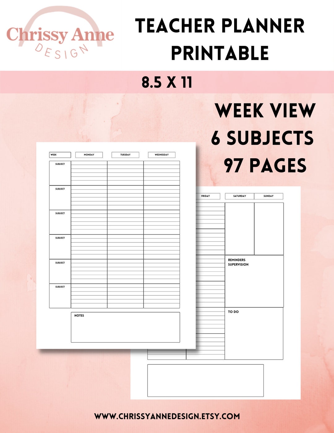 Teacher Planner Teacher Agenda 6 Subject Agenda Week View Planner - Etsy UK