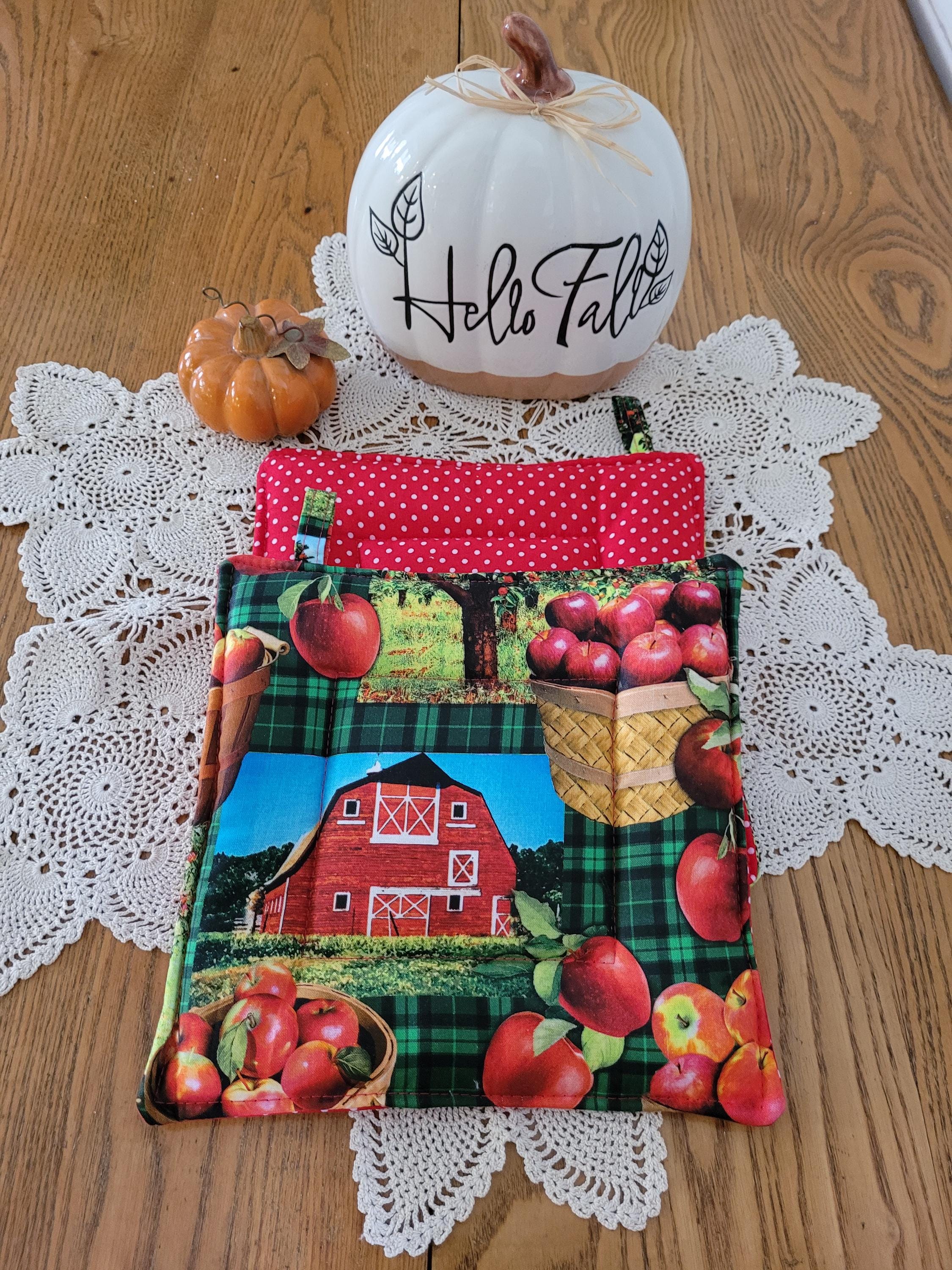 Apples With Fall Design on Set of 8x8 Potholders Quilted Extra Thick ...