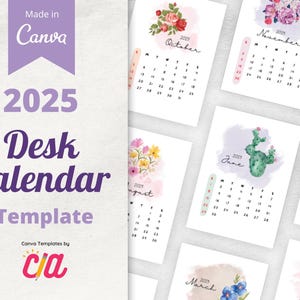 2025 Desk Calendar Canva Template Editable Calendar Template Watercolor Calendar Template Mini ...