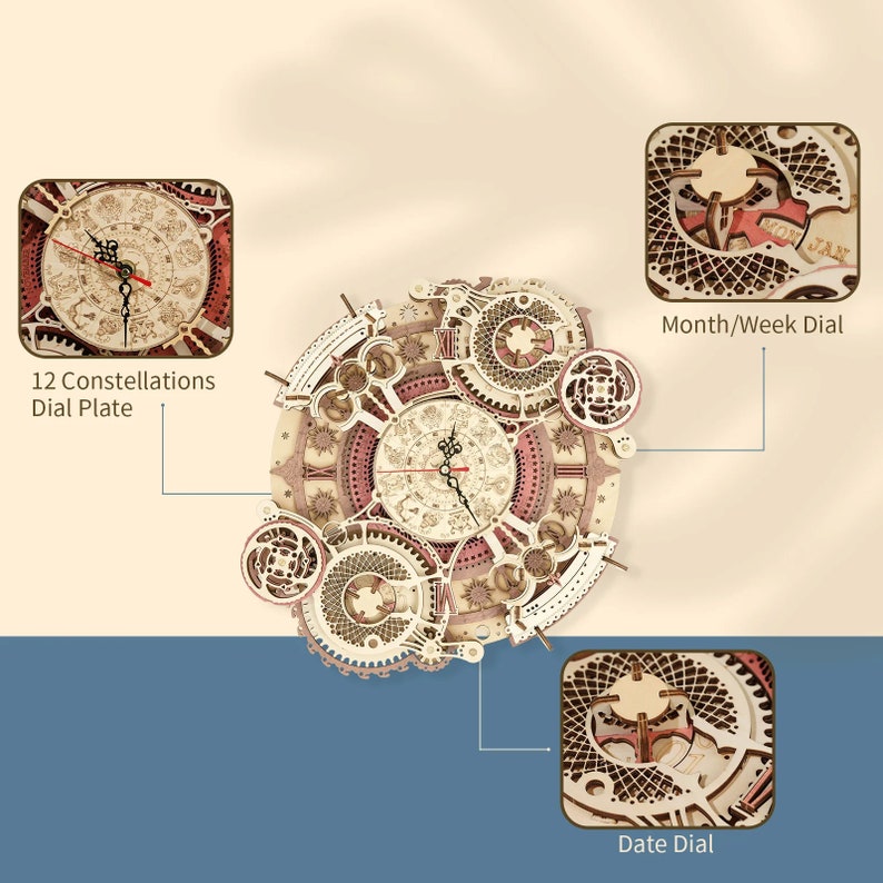 Wall Clock/time Engine Calendar 3D Puzzle, Wooden Mechanical Model Kit ...