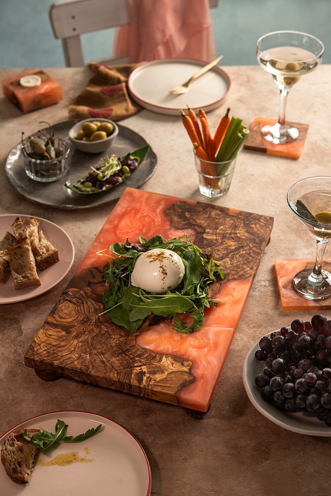 Special Salmon Epoxy and Olive Wood Charcuterie Board, Rectangle Cheese ...