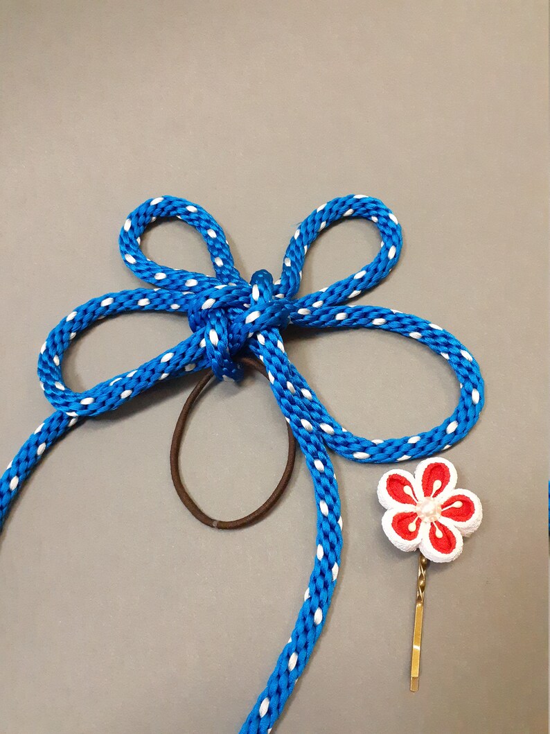 Silk Braided Hair Ribbon Blue With A Kanzashi Flower Etsy