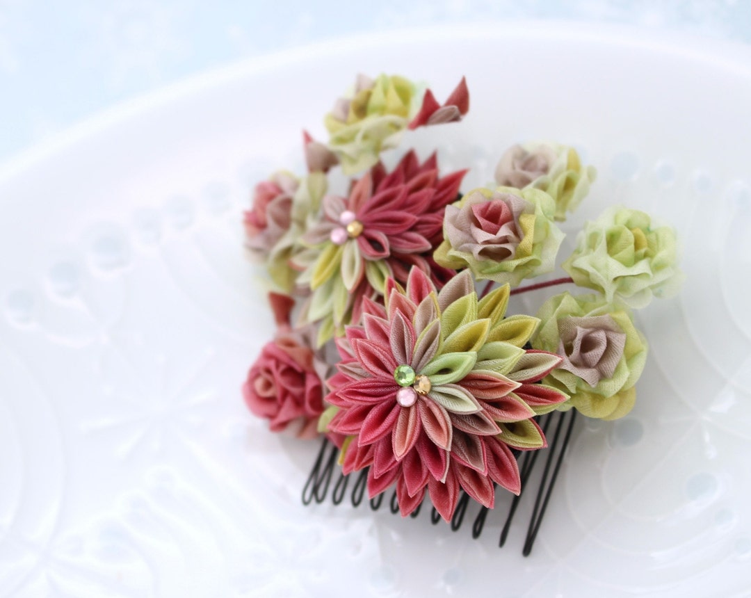 Silk Kanzashi Rose Flower Hair Comb / Japanese Silk Rose Hair Comb ...