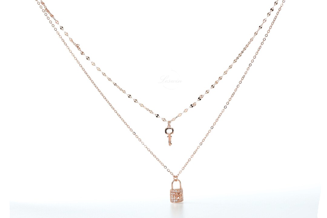 Lock and Key Couple Necklace, Lock Pendant Choker, Rose Gold Multi ...