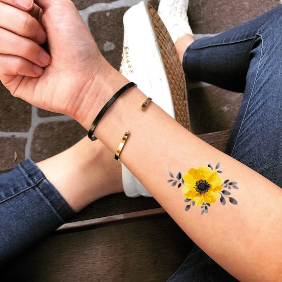 Yellow Flower Temporary Fake Tattoo Sticker set of 2 | Etsy
