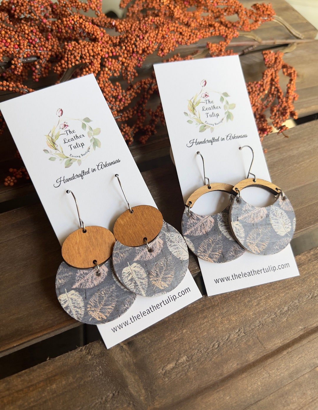 Gray Cork Crescent Earrings, Fall Leaf Pattern, Wood Connector - Etsy