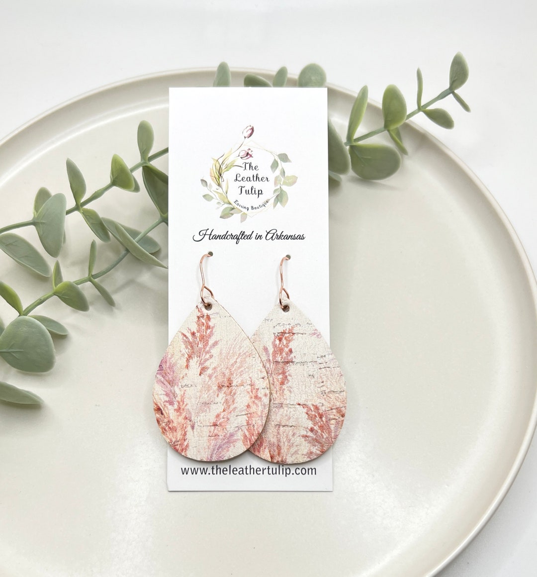 Teardrop Cork Earrings, Pompas Grass Print, Rose Gold Ear Wires - Etsy