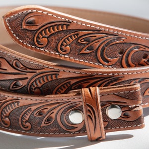 Tooled Brown Leather Snap Belt Strap 100% Full Grain Western Style Cow ...