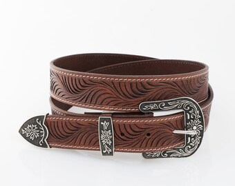 Men's Western Full Grain Genuine Leather Belt Embossed Rodeo Belt With ...