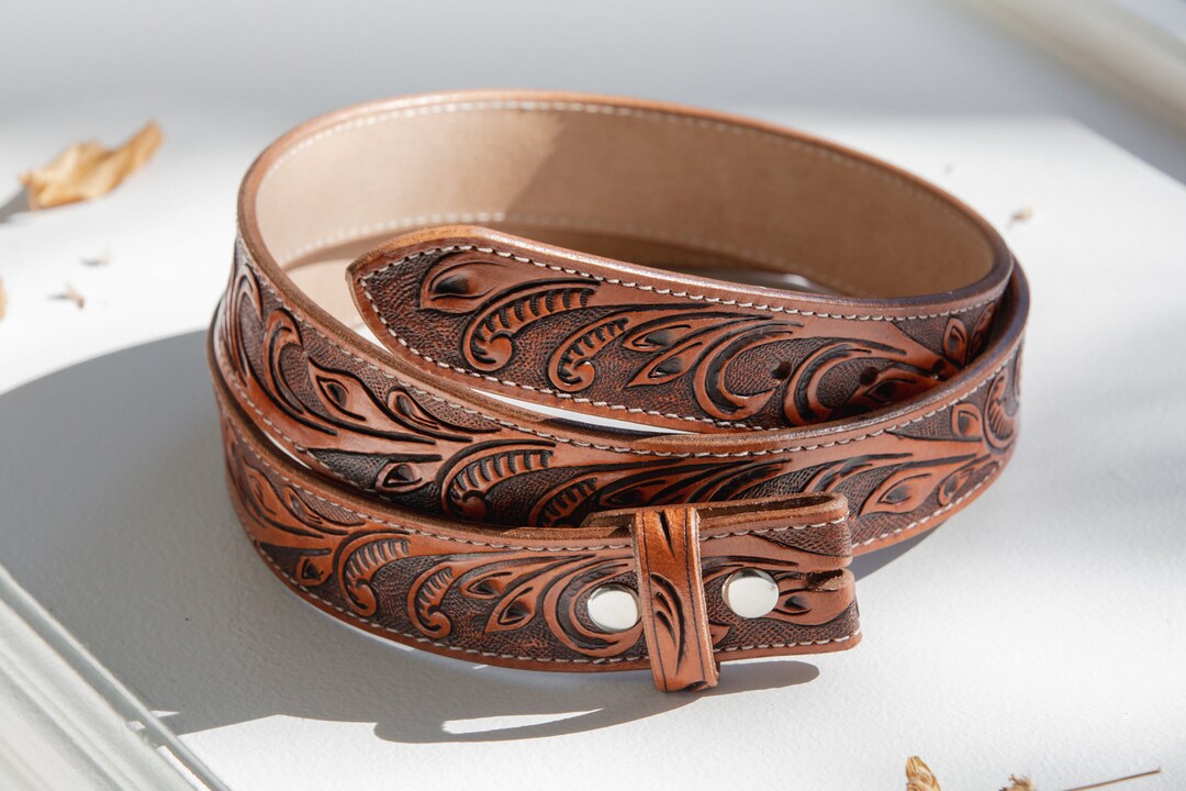 Tooled Brown Leather Snap Belt Strap 100% Full Grain Western Style Cow ...