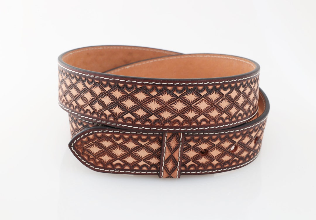 Tooled Leather Snap Belt Strap 100% Full Grain Western Style Cow Hide ...