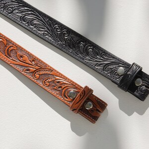 Tooled Brown Leather Snap Belt Strap 100% Full Grain Western Style Cow ...