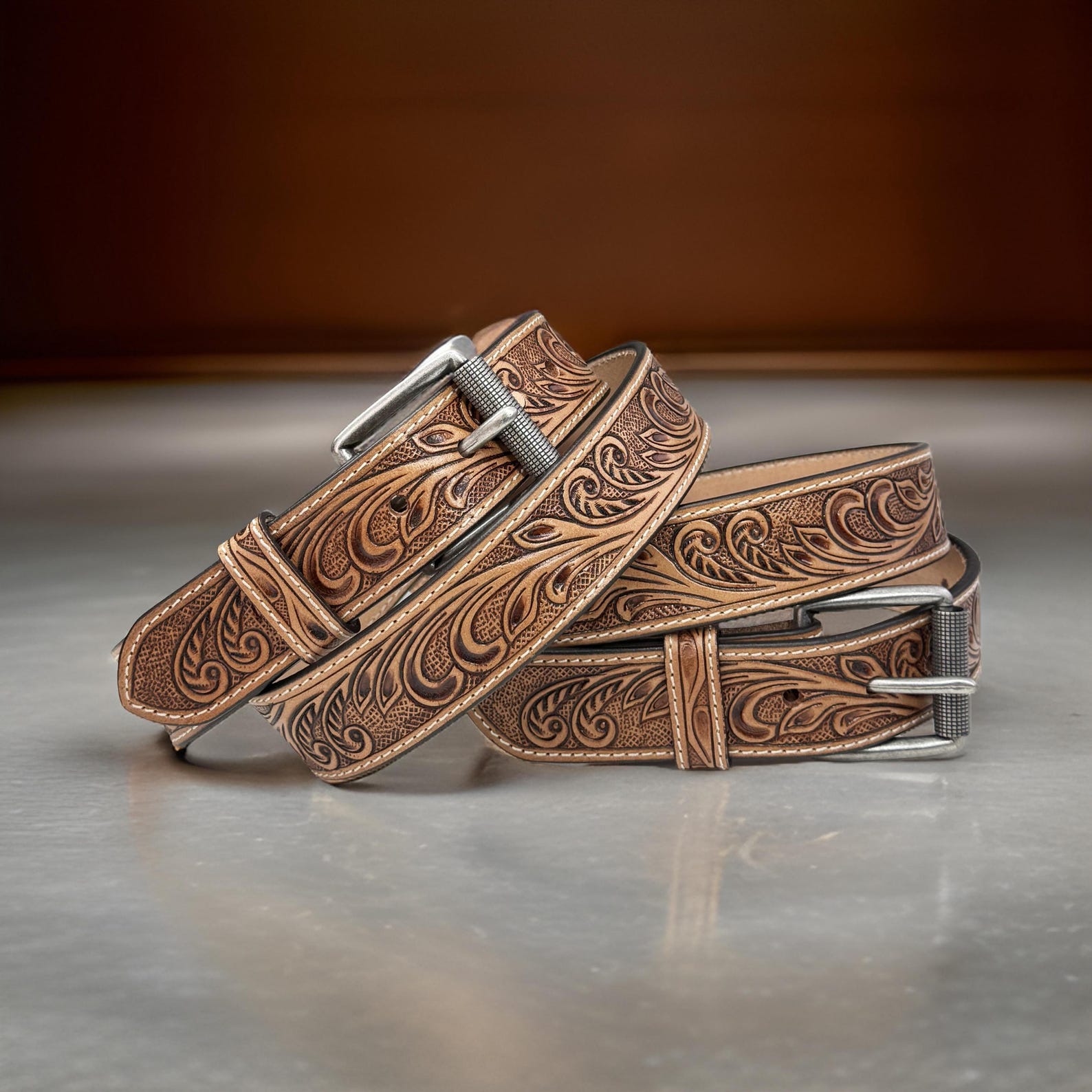 Tooled Brown Leather Snap Belt Strap - 100% Full Grain Western Style ...