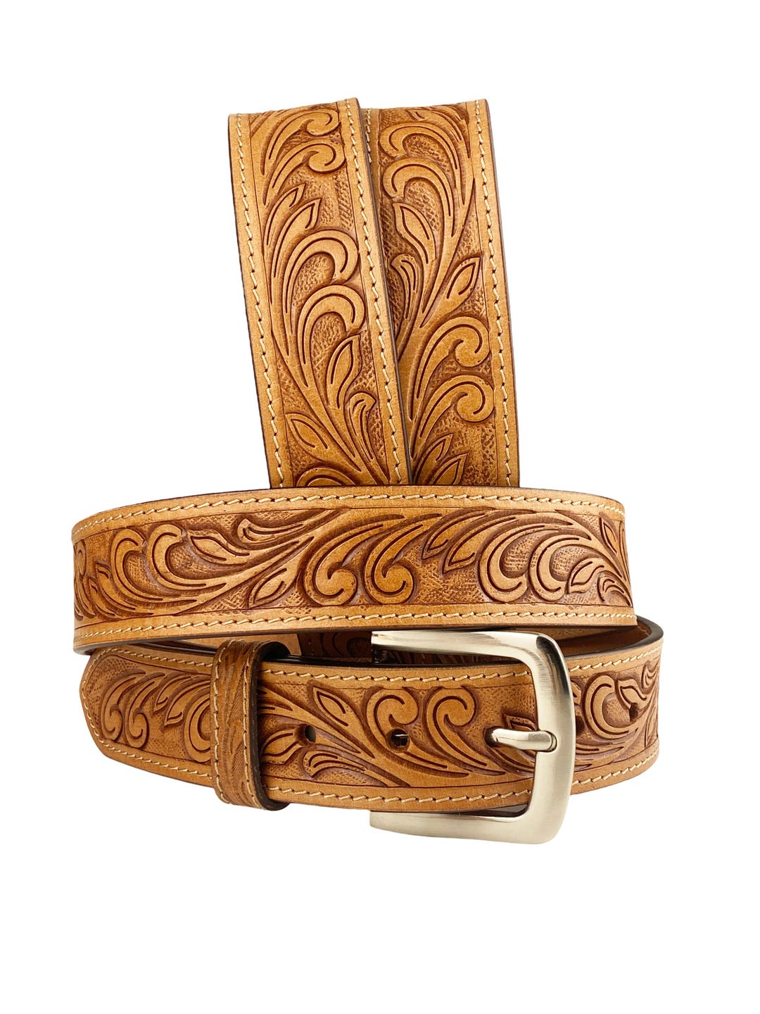 Tooled Brown Leather Snap Belt Strap 100% Full Grain Western Style Cow ...