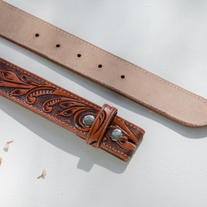 Tooled Brown Leather Snap Belt Strap 100% Full Grain Western Style Cow ...
