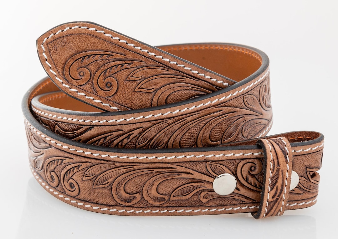 Tooled Brown Leather Snap Belt Strap 100% Full Grain Western Style Cow ...