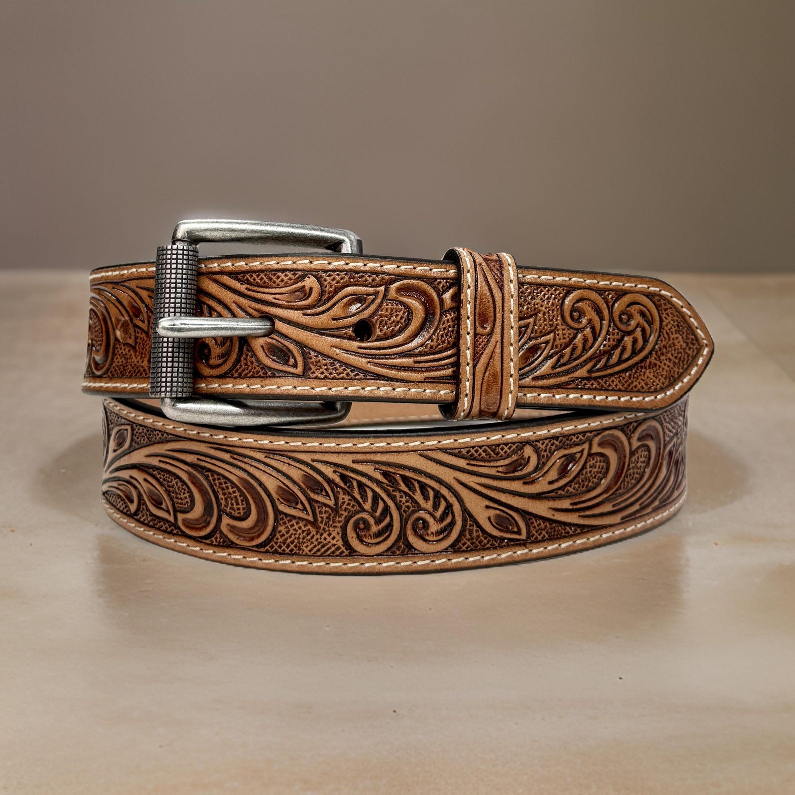Tooled Brown Leather Snap Belt Strap - 100% Full Grain Western Style ...