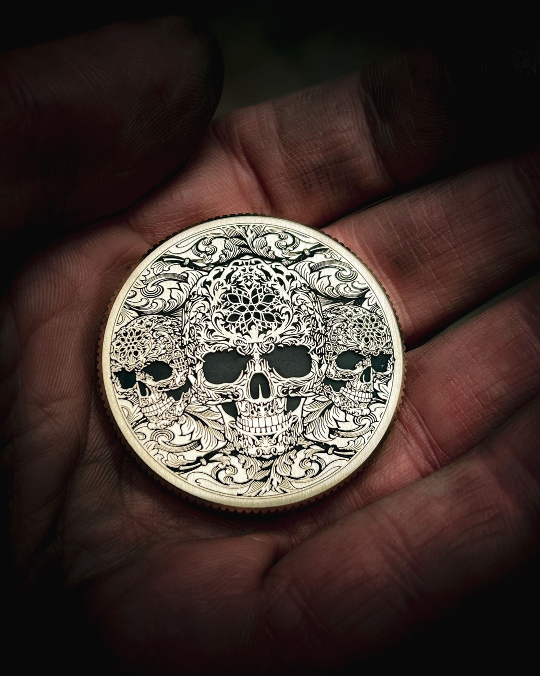 Engraved Brass Triple Skull Coin (40mm) - Etsy