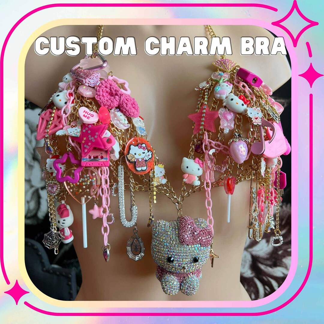 Kitty Charm Bralette Chain Top Cat Sparkle Charms Pink Kitty Bow Charm ...