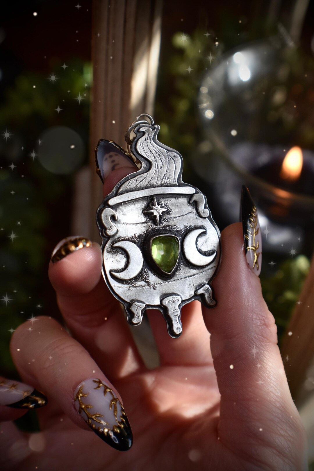 Sterling Silver Triple Moon Peridot Magical Witch’s Cauldron Pendant ...