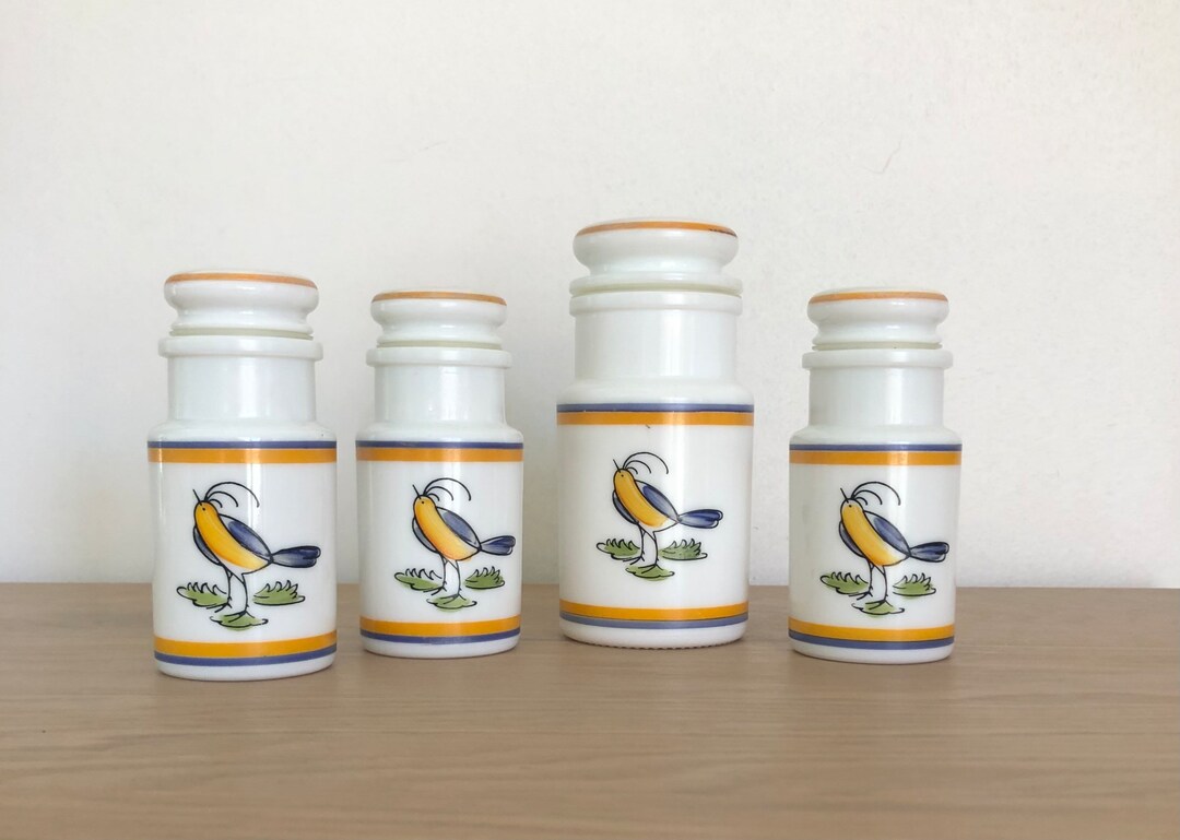Vintage White Milk Glass, Tempered Glass Spice Jars Hand Painted With ...