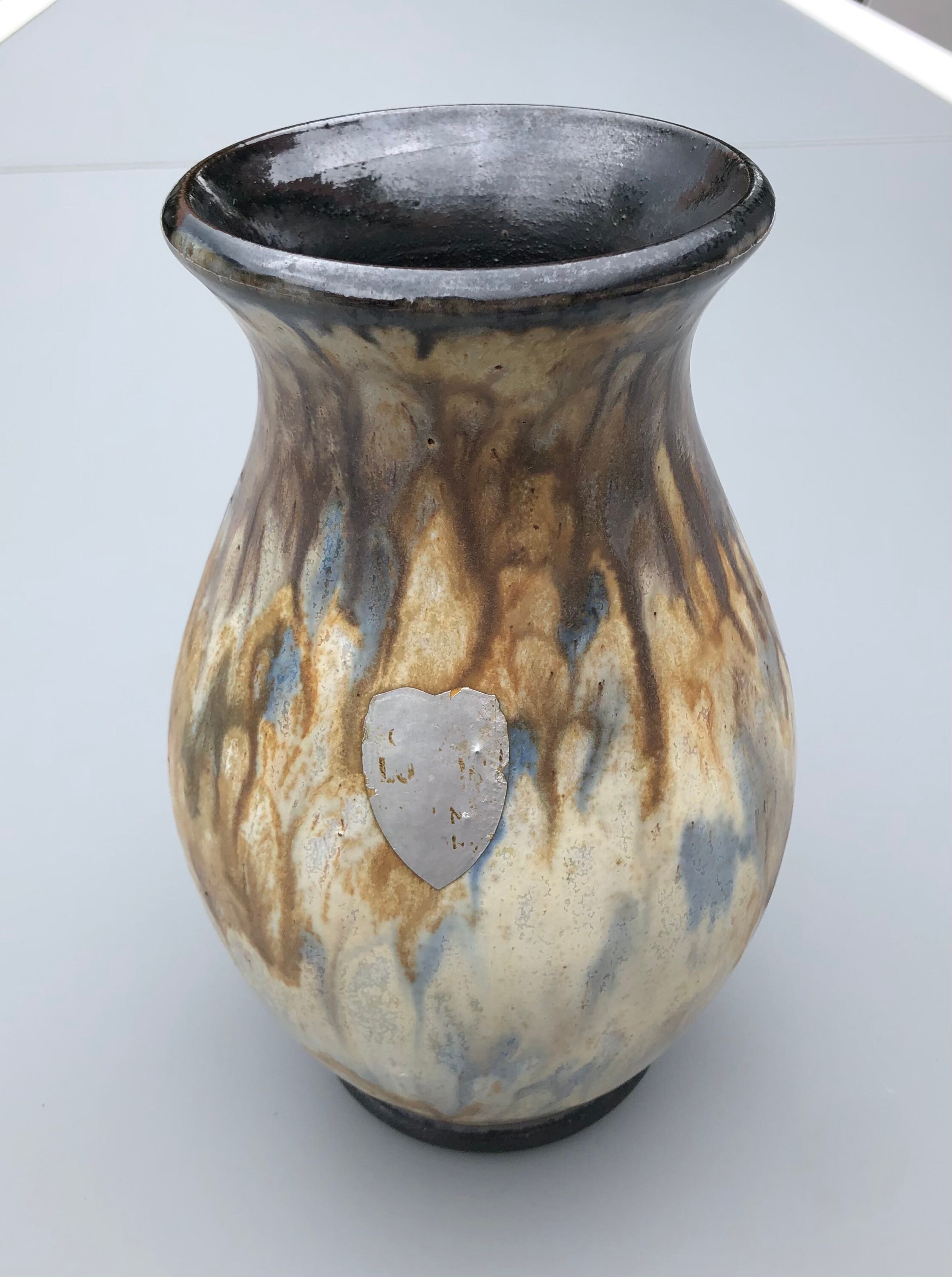 Vase en céramique multicolore Losson, glaçure tachetée, belge, signé ...