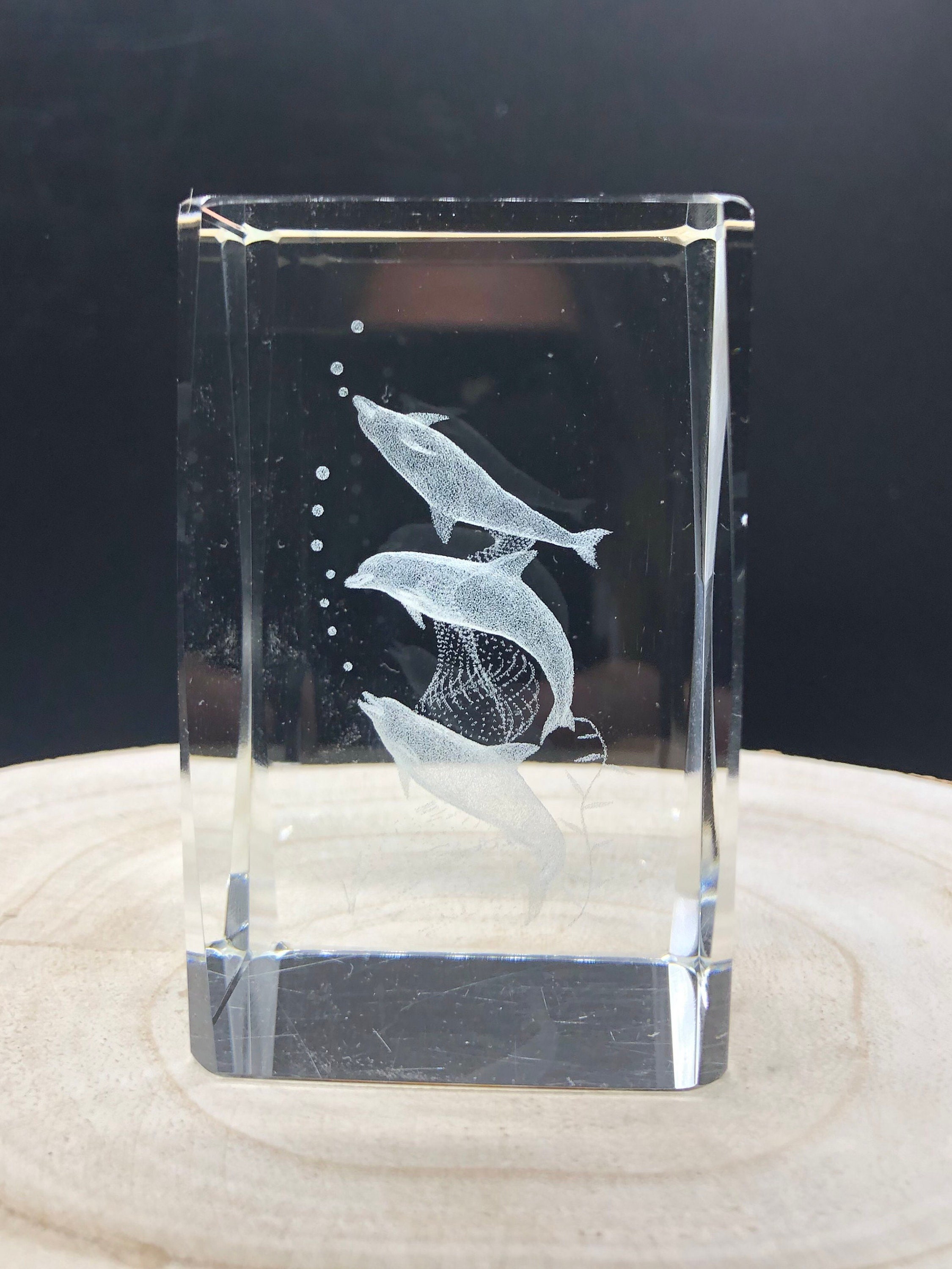 3D Laser Etched Paperweight, Playing Dolphins, in Clear Crystal ...