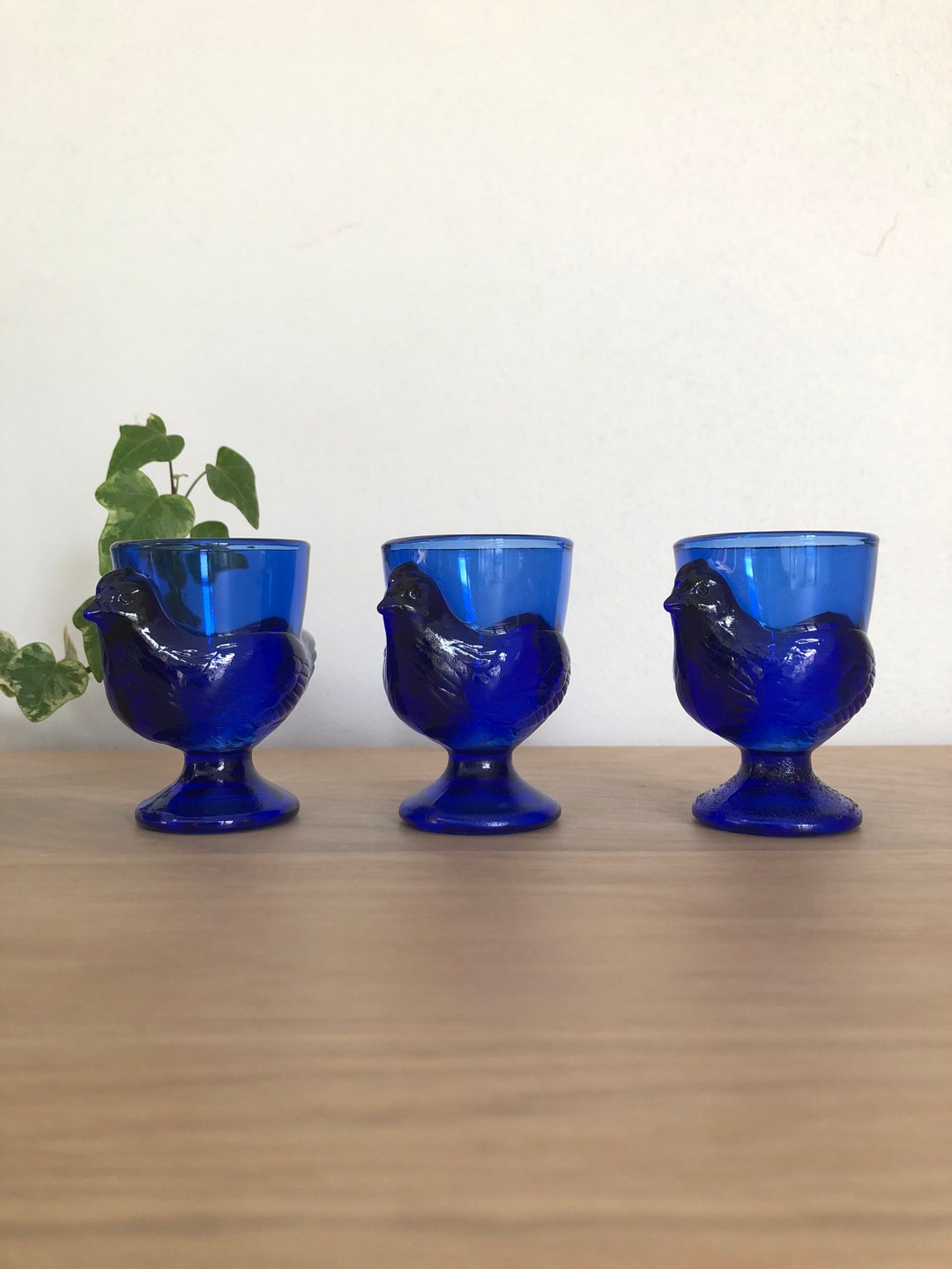 Set of 3 Luminarc France Cobalt Blue Glass Egg Cups, Chicken, Chick ...