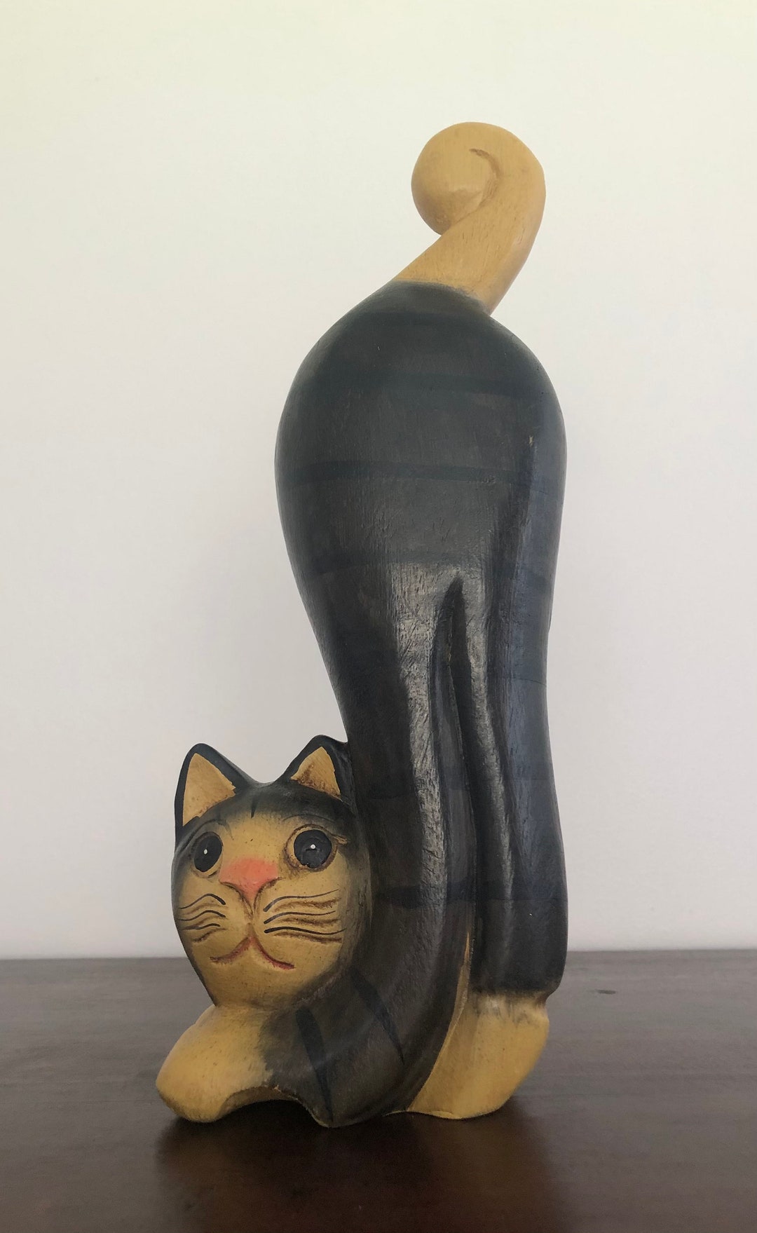 Vintage Big Wooden Cat, Butt Up, Curly Tail, Handmade Wooden Statue, in ...