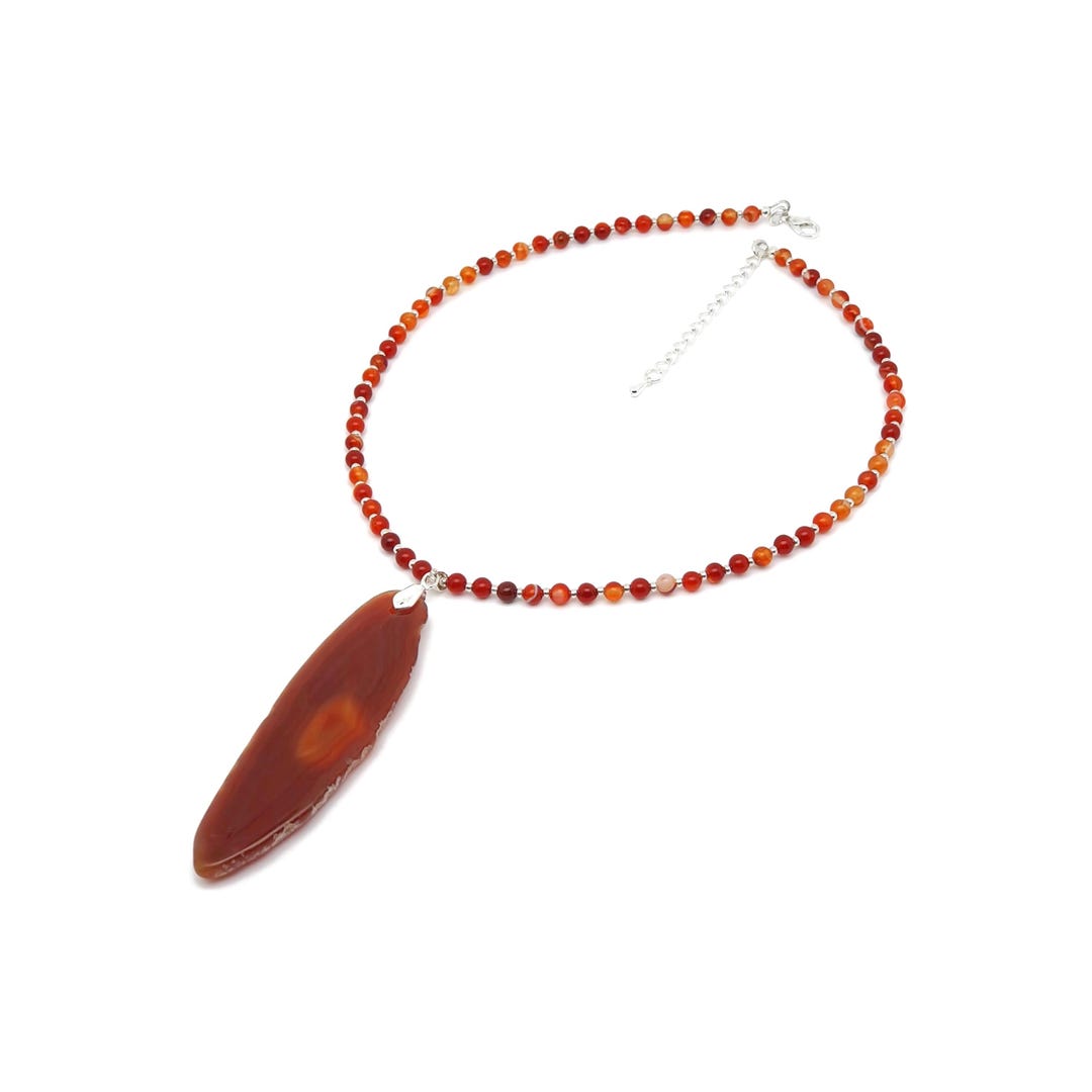 Burnt Orange Carnelian Necklace: Large Slice Geode Pendant, Beaded 16 ...