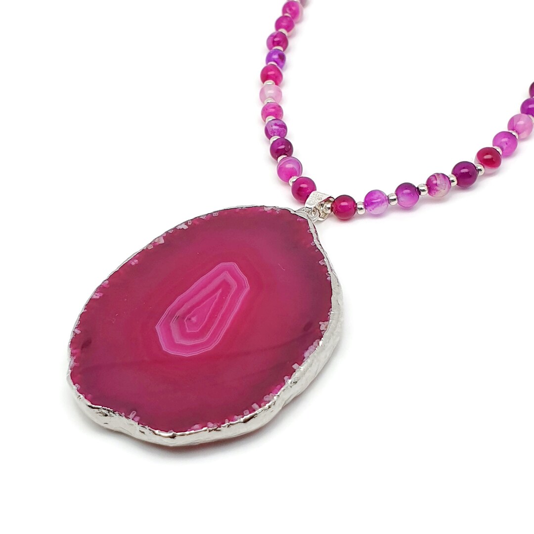 Rose Red Agate Collar Boho Necklace, Large Flat Slice Fuchsia Geode ...