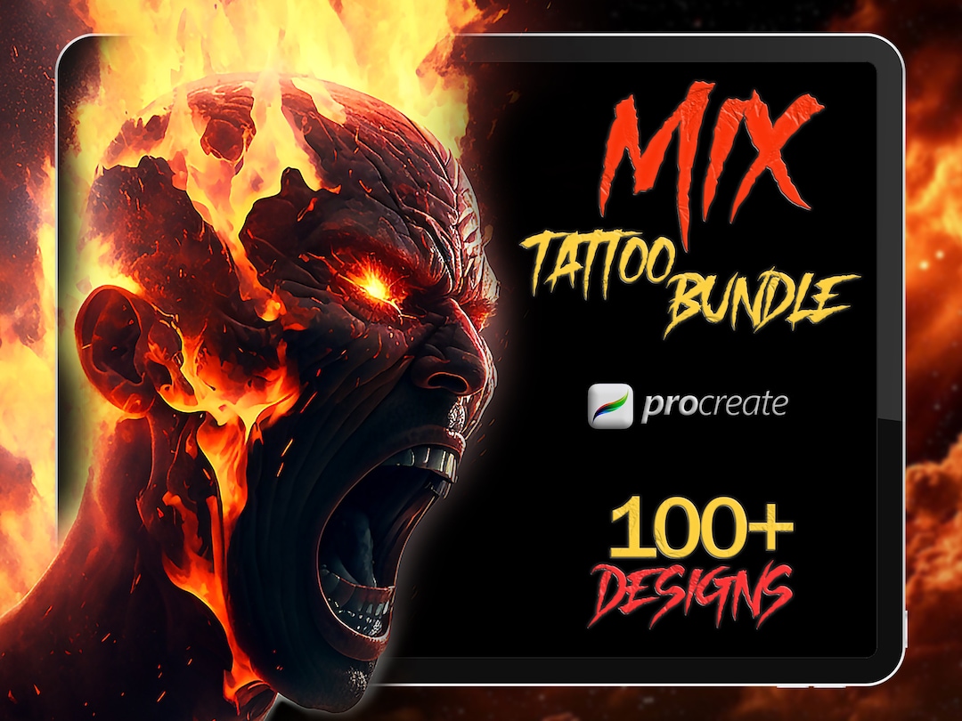 Mixed Tattoo Stencil Flash Bundle: 100 Unique Procreate Stamp Designs ...
