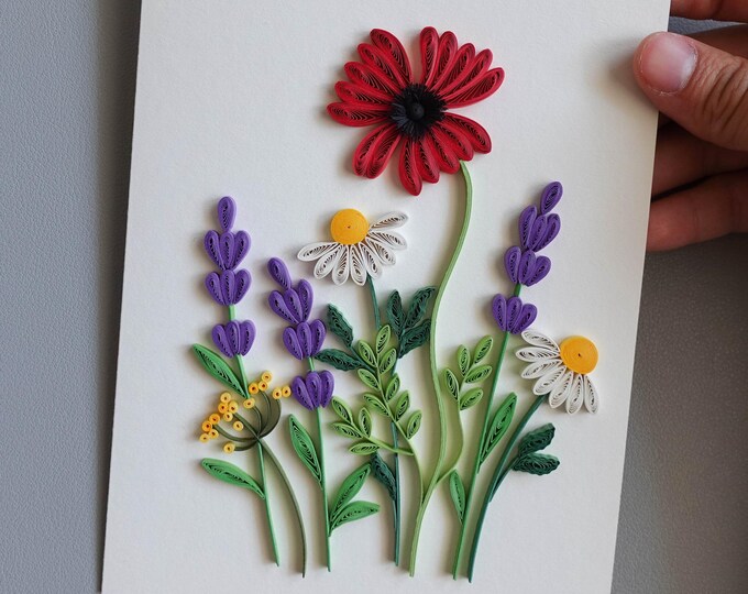 Handmade Paper Quilling Card Summer Flowers, Poppy, Daisy, Lavender ...