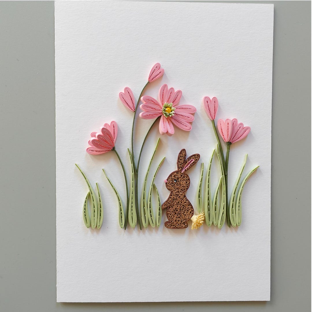 Handmade Paper Quilling Spring Whimsical Bunny With Pink Flowers Card ...