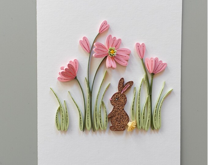 Handmade Paper Quilling Spring Whimsical Bunny With Pink Flowers Card ...