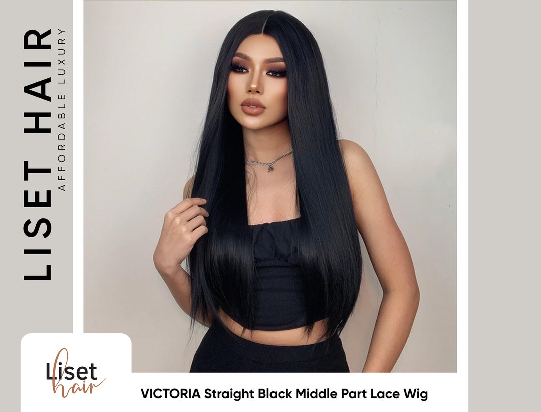 VICTORIA 24 Inches Black Middle Part Straight Lace Front Wig Synthetic ...
