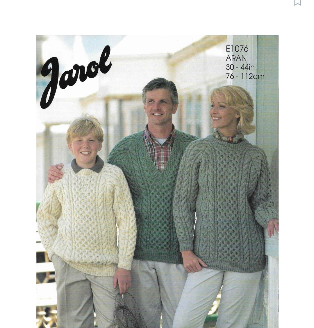 Vintage Aran Jumper Knitting Pattern Unisex Non-binary Sweater Child to Adult Sizes 30-44 Inch ...