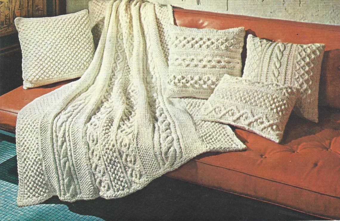 Vintage Aran Afghan Throw and Four Aran Cushion Covers Knitting Pattern ...